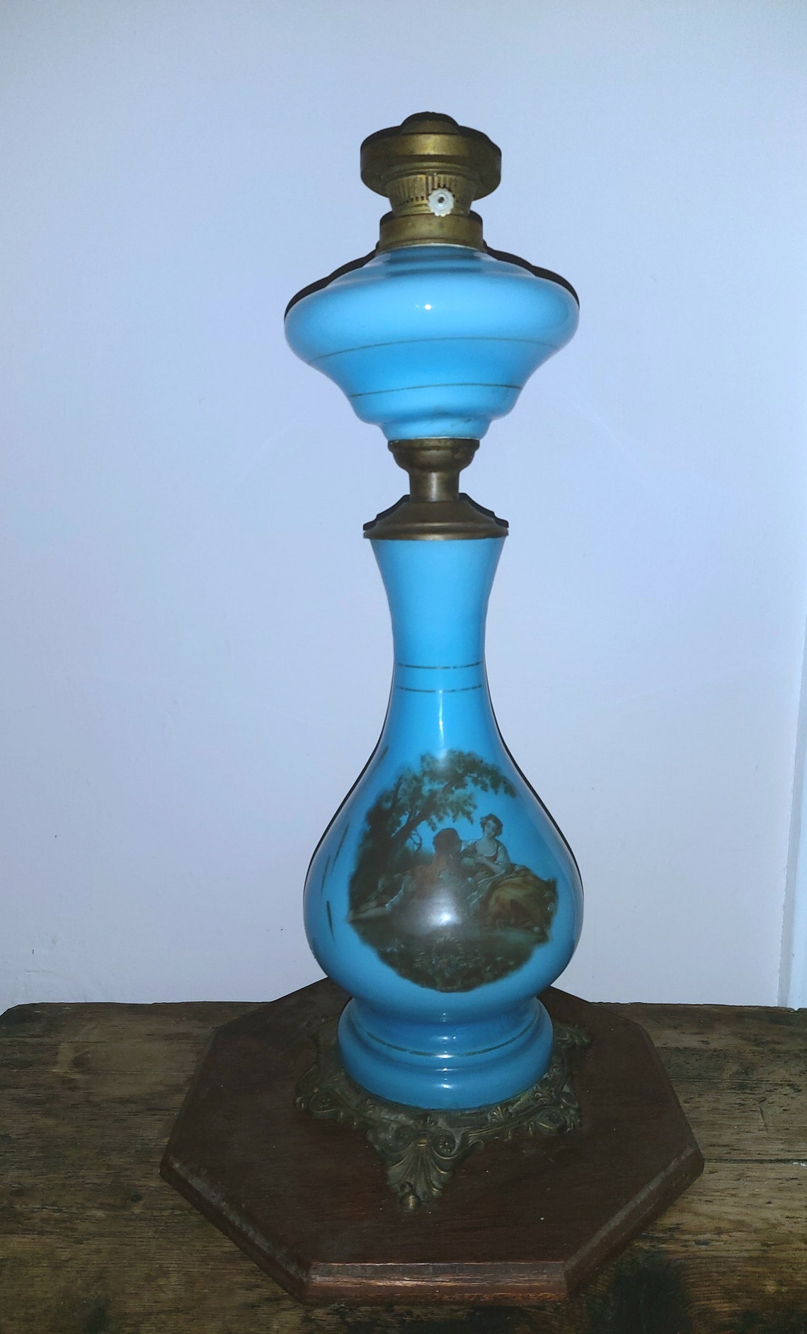 Antique French Blue Opaline Oil Lamp - Etsy