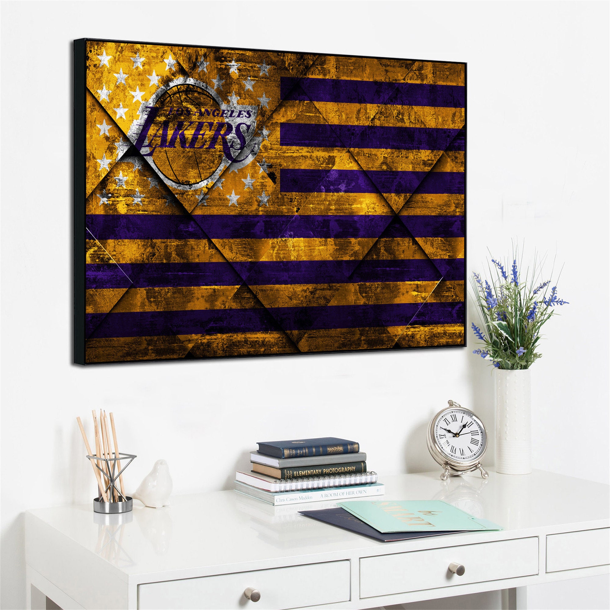 Los Angeles Lakers, NBA Flag Print, NBA Sport Print, Thombus Grunge ...