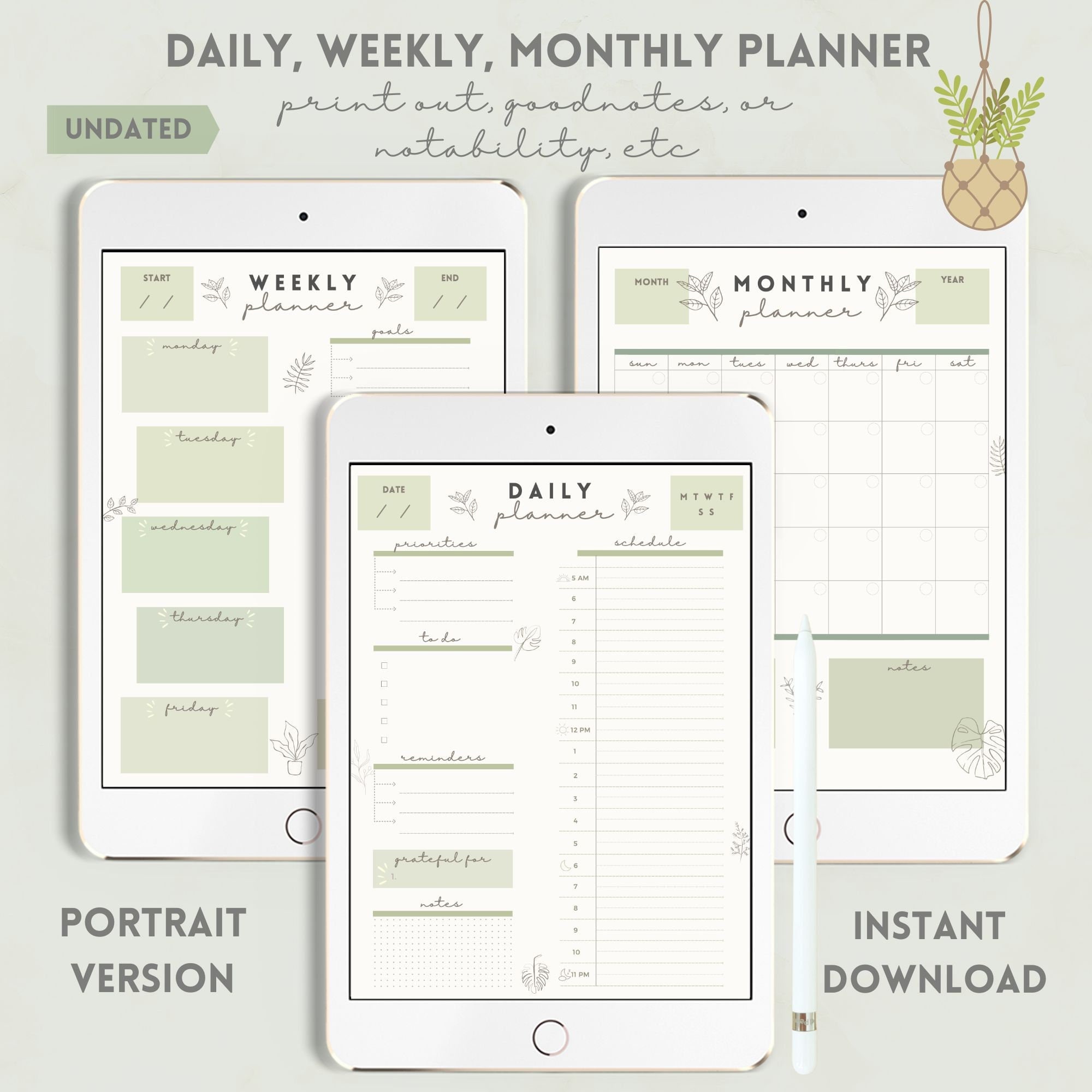 SAGE GREEN + PLANTS Undated Digital Planner for Goodnotes, Notability ...
