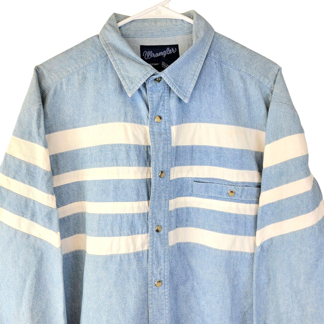 Wrangler Vintage 90s Denim Shirt Men Large Pearl Snap Button Stripe ...