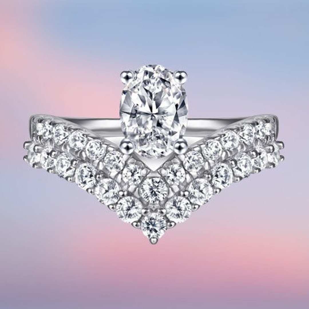 Chevron Engagement Ring, 2.2 Ct Oval Cut Diamond, 14K White Gold ...