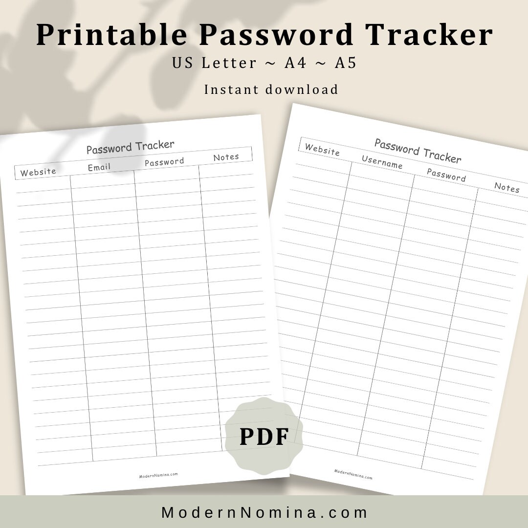 Simple Printable Personal Password Tracker, Password Organizer ...