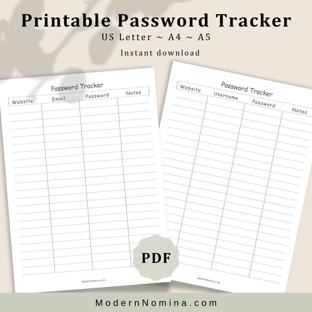 Simple Printable Personal Password Tracker, Password Organizer ...
