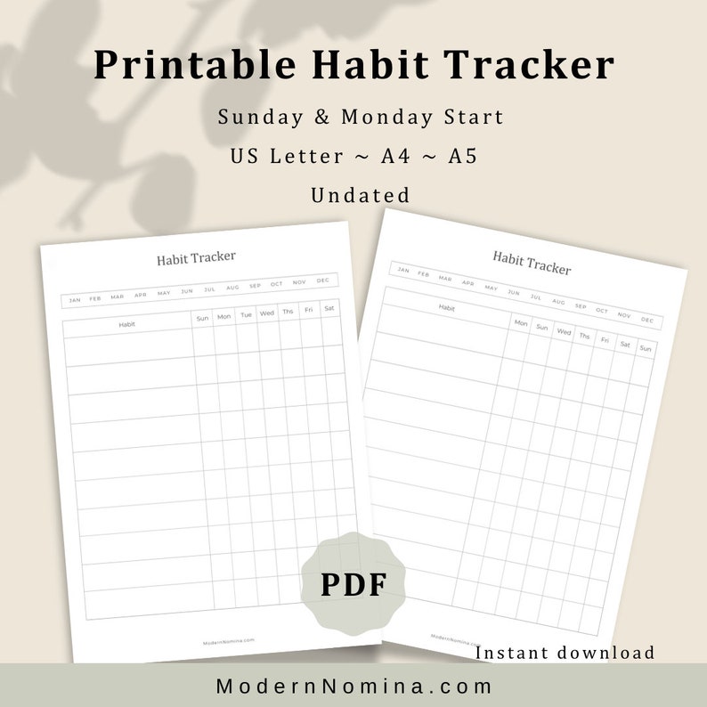 Weekly Personal Habit Tracker Printable, Sunday & Monday Start, US ...