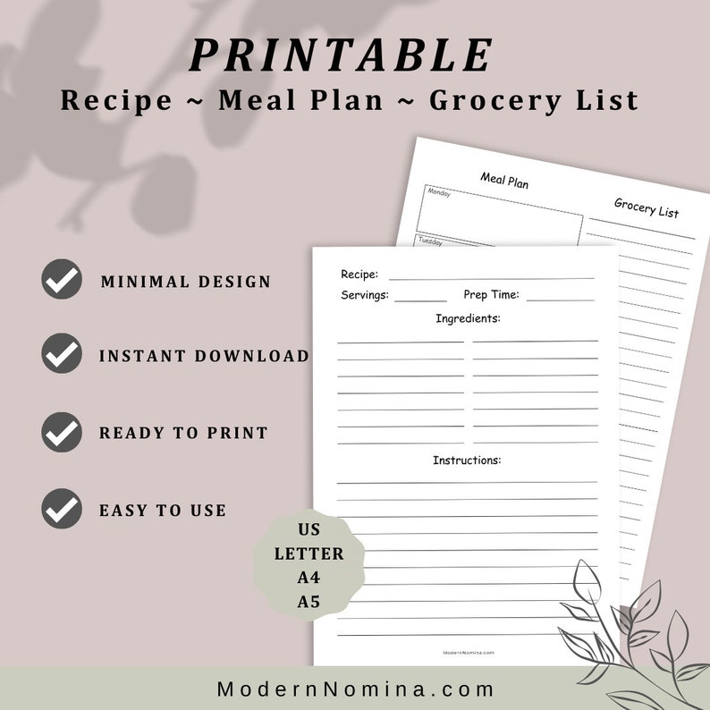 Recipe, Meal Printable Planner, Grocery List: Recipe Pages, Meal ...