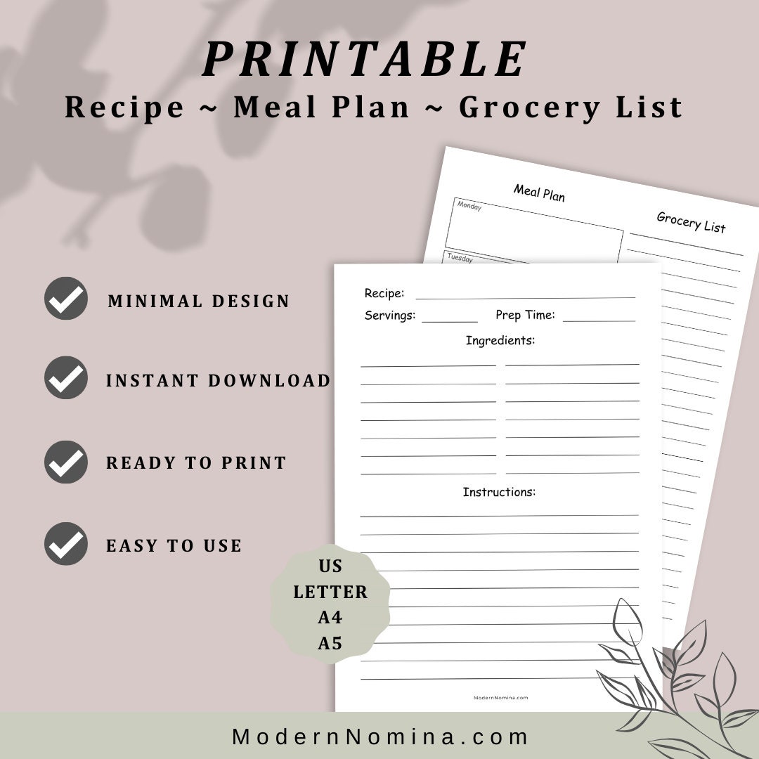 Recipe, Meal Printable Planner, Grocery List: Recipe Pages, Meal ...