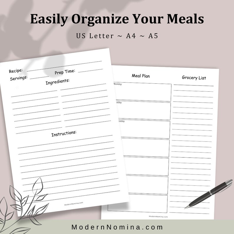 Recipe, Meal Printable Planner, Grocery List: Recipe Pages, Meal ...