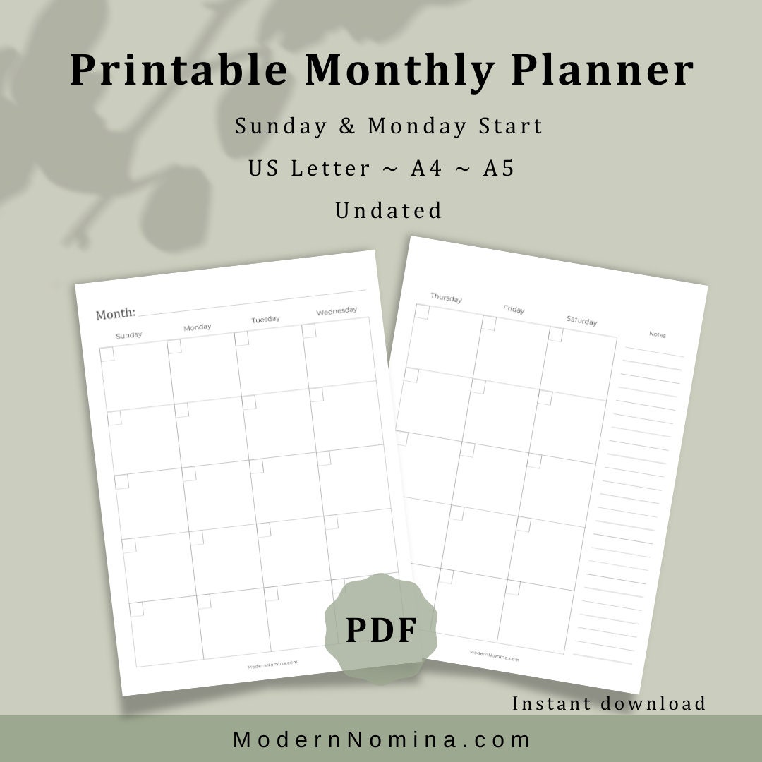 Undated Monthly 2-page Portrait Calendar, Sunday & Monday Start, US ...