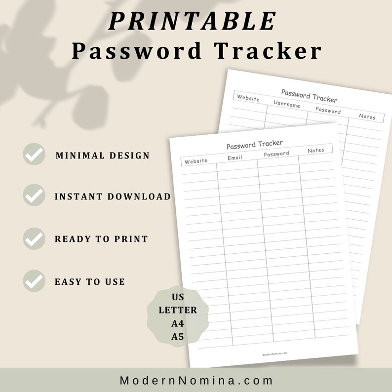 Simple Printable Personal Password Tracker, Password Organizer ...