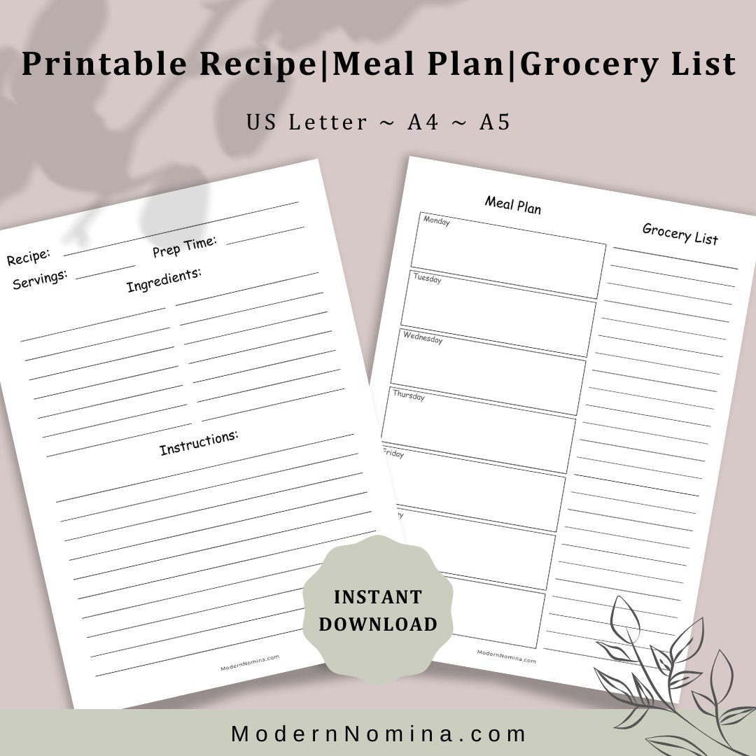 Recipe, Meal Printable Planner, Grocery List: Recipe Pages, Meal ...