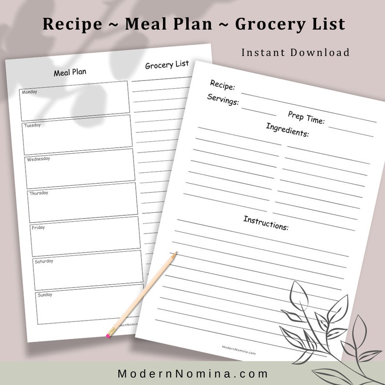 Recipe, Meal Printable Planner, Grocery List: Recipe Pages, Meal ...