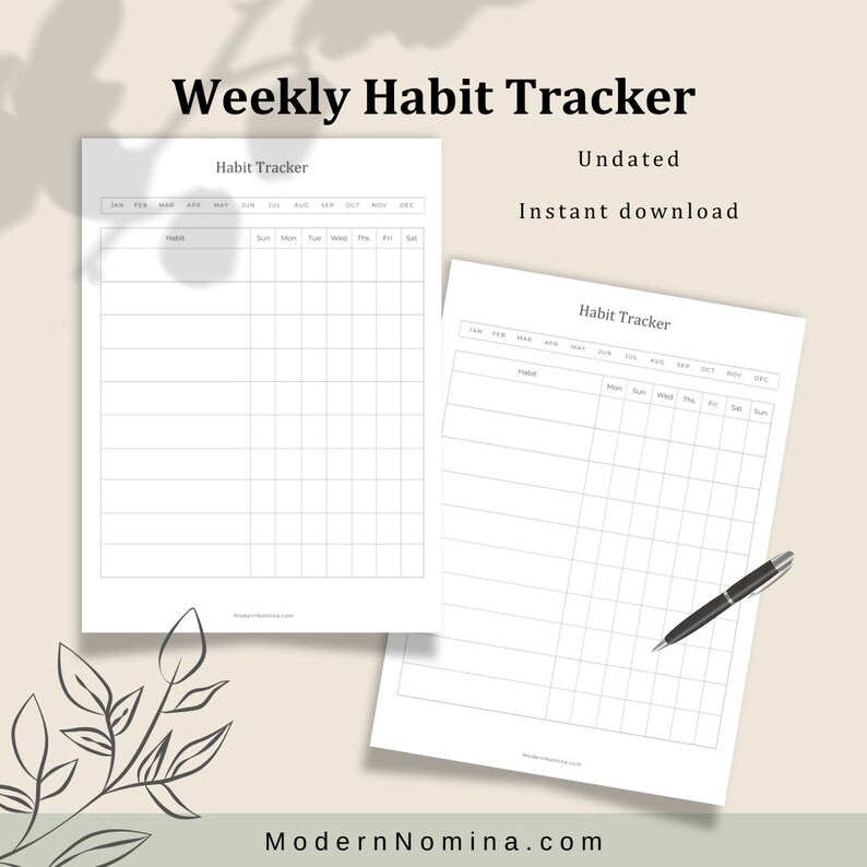 Weekly Personal Habit Tracker Printable Sunday & Monday - Etsy