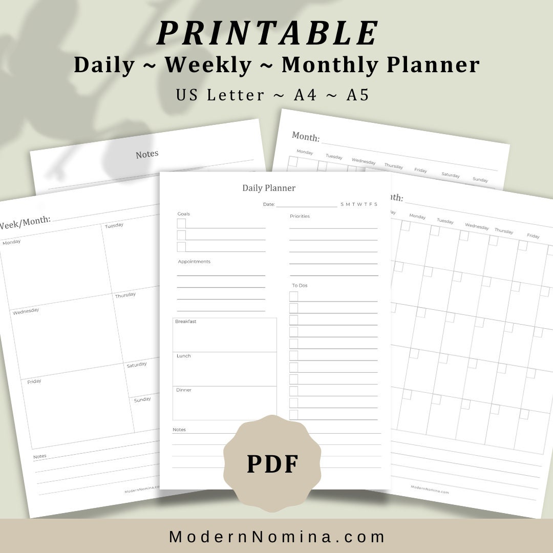 Daily Weekly Monthly Printable Planner Calendar Organize Productivity ...
