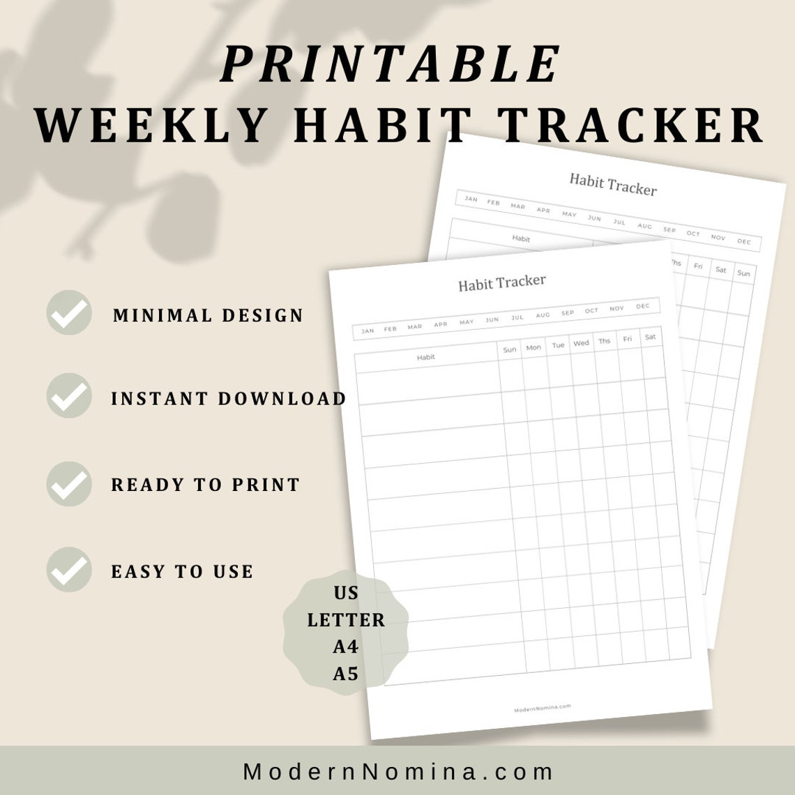 Weekly Personal Habit Tracker Printable Sunday & Monday - Etsy