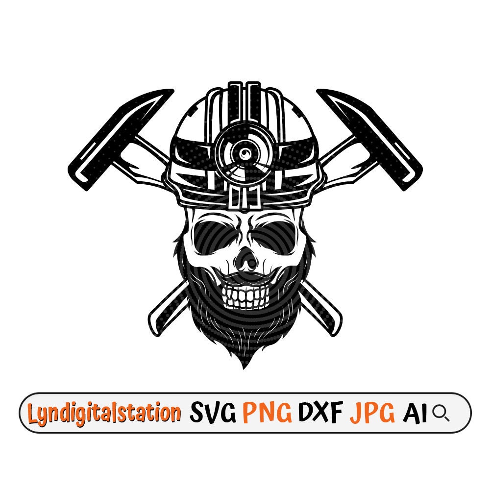 Skull Miner Svg | Coal Miner Skull With Beard and Hard Hat Clipart ...