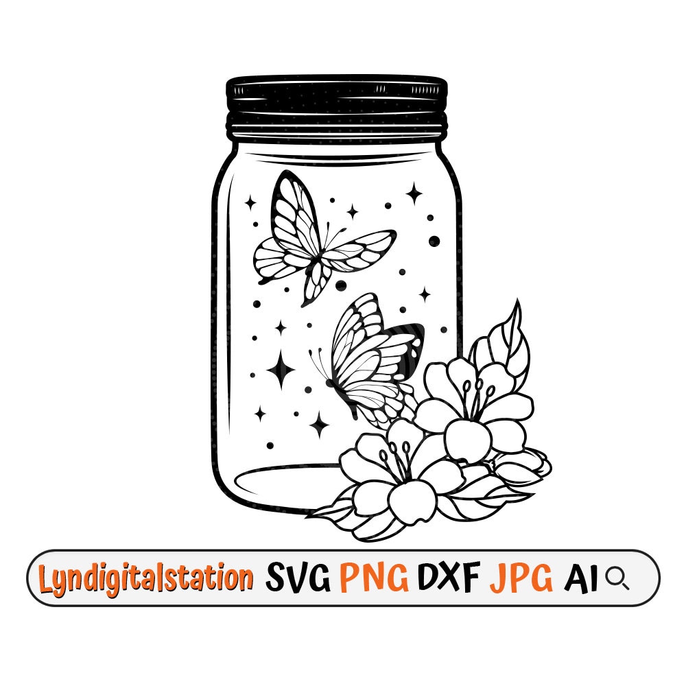 Jar With Butterfly Svg | Butterfly Jar Clipart | Floral Jar Cut File ...
