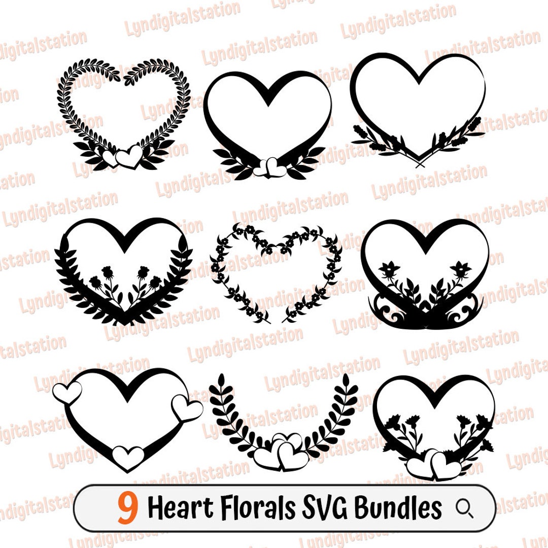 Floral Heart Bundles Svg | 9 Heart Shaped Clipart | Laurel Leaf Cut ...