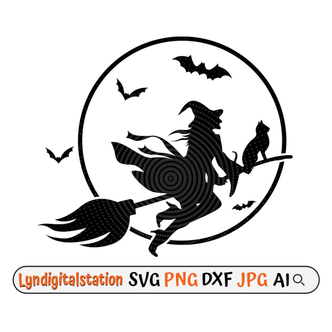 Witch Flying Svg | Halloween Clipart | Witch Moon Cut File | Witch on ...