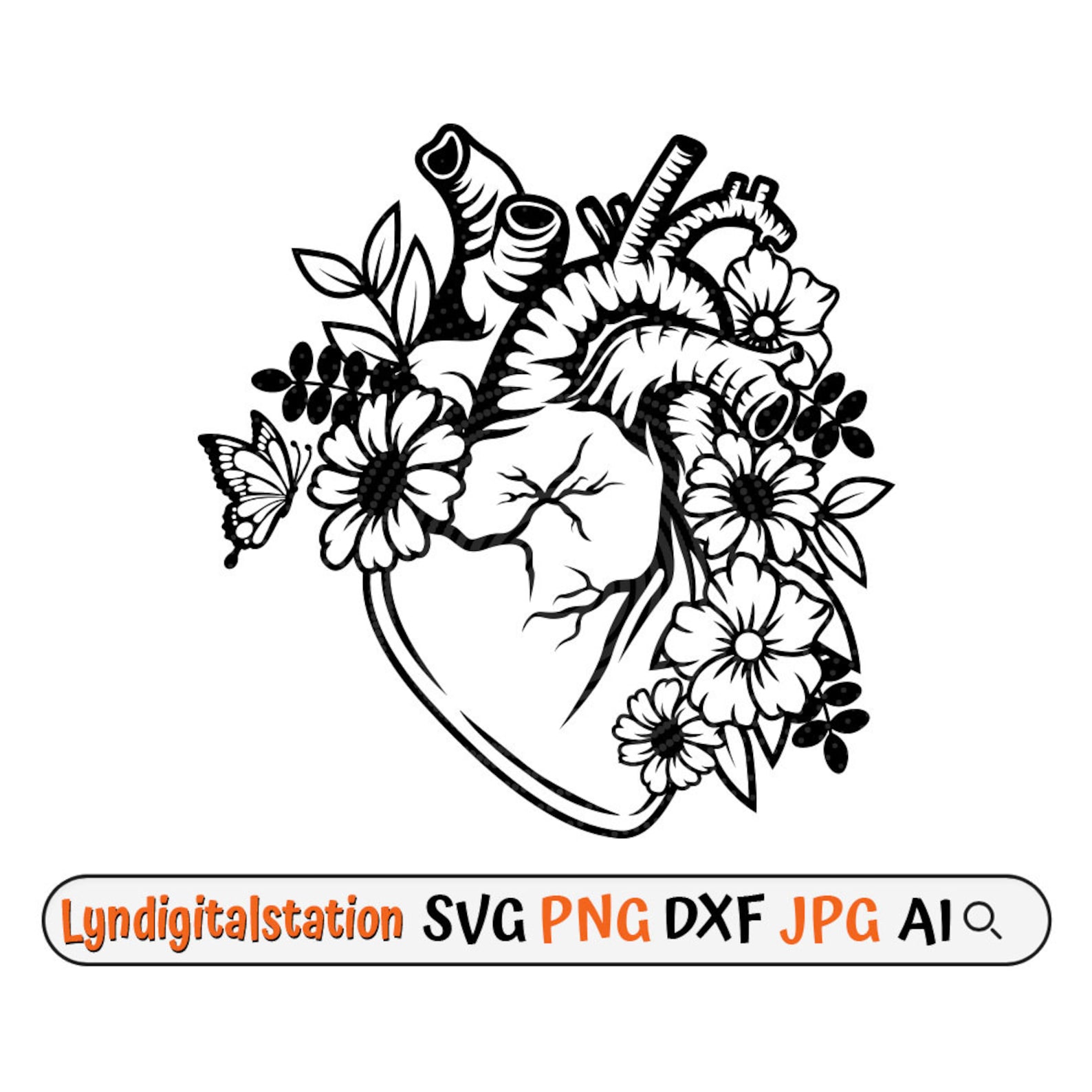 Anatomic Heart Svg | Floral Hearth Clipart | Anatomical Heart Cut File ...