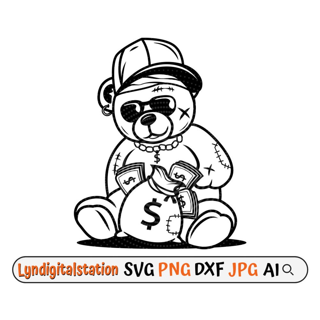 Gangsta Teddy With Money Bag Svg | Dollar Bag Clipart | Stitched Teddy ...