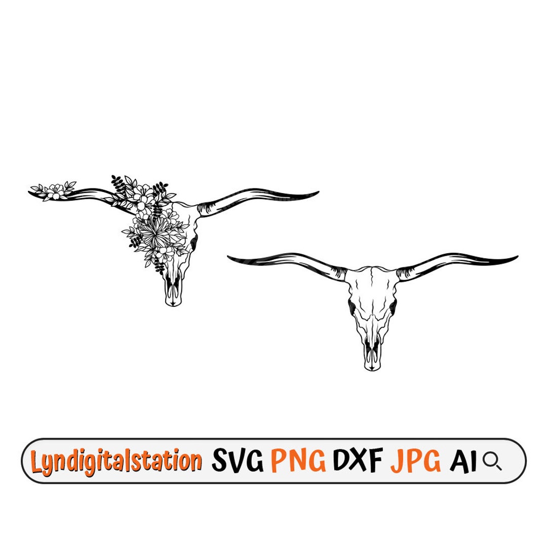 Long Horn Cow Svg | Floral Cow Head Clipart | 2 Cow Head Skull Cut File ...