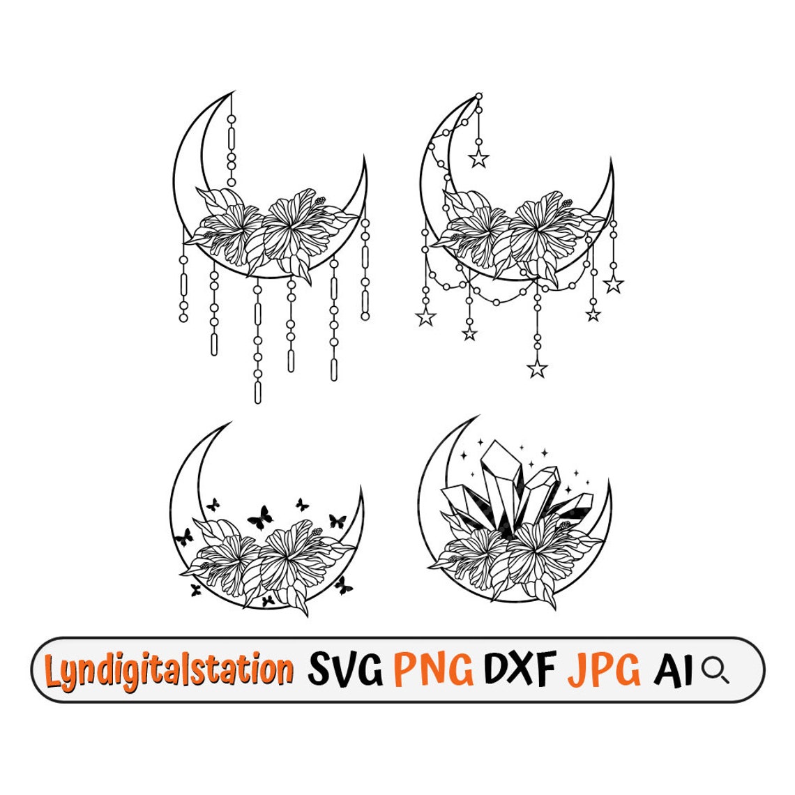 Moon Crystal Svg Magic Crystal Moon Clipart Floral Crystal - Etsy