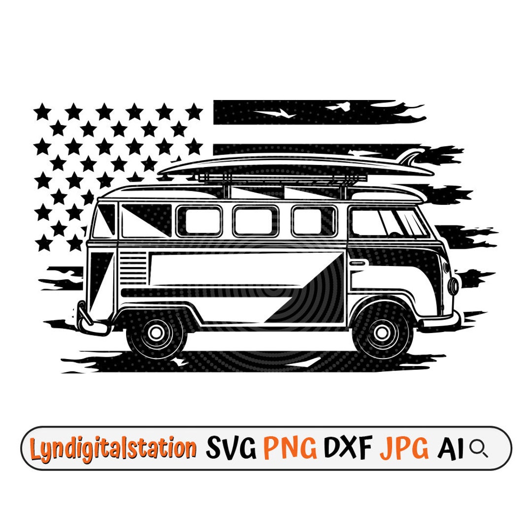 US Beach Vintage Van Svg | Surf Van Clipart | Retro Van Cut File | US ...