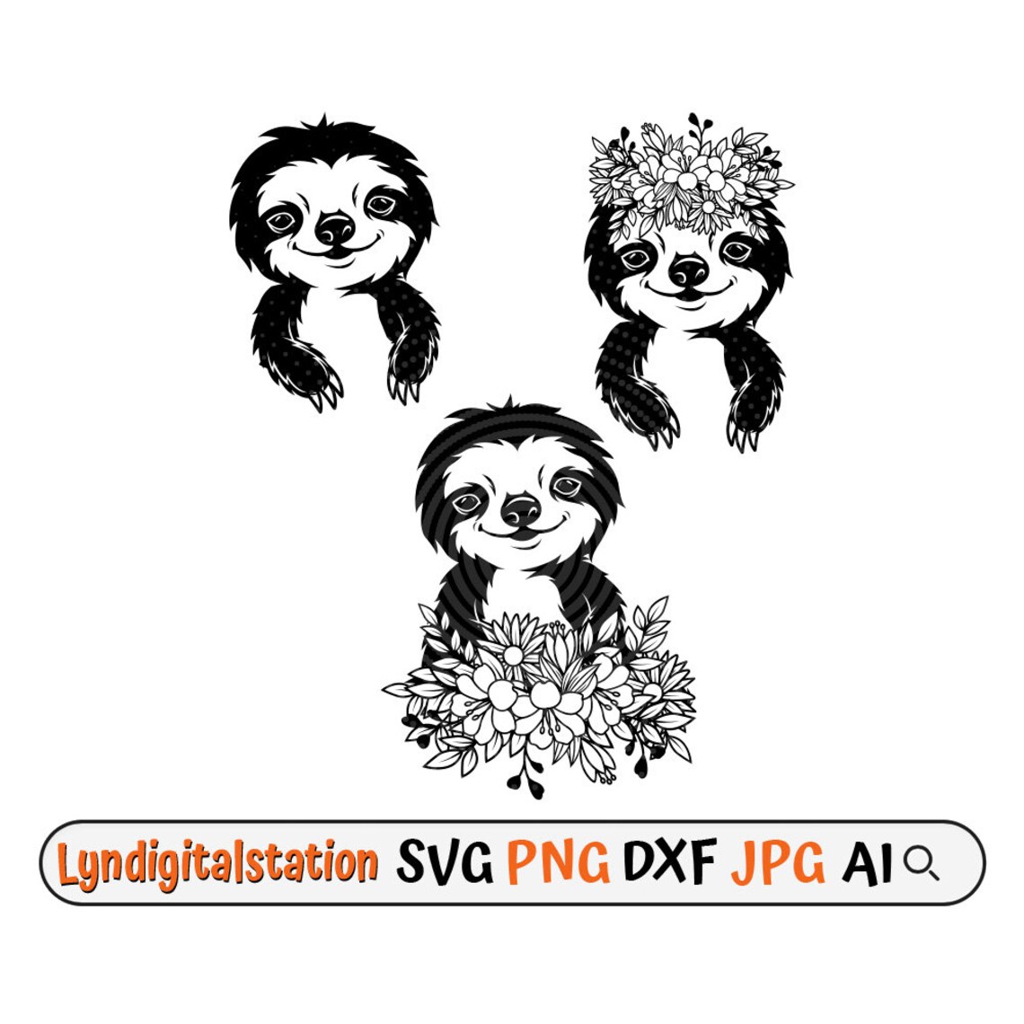 Cute Baby Sloth Svg 3 Cub Sloth Clipart Flowering Sloth - Etsy