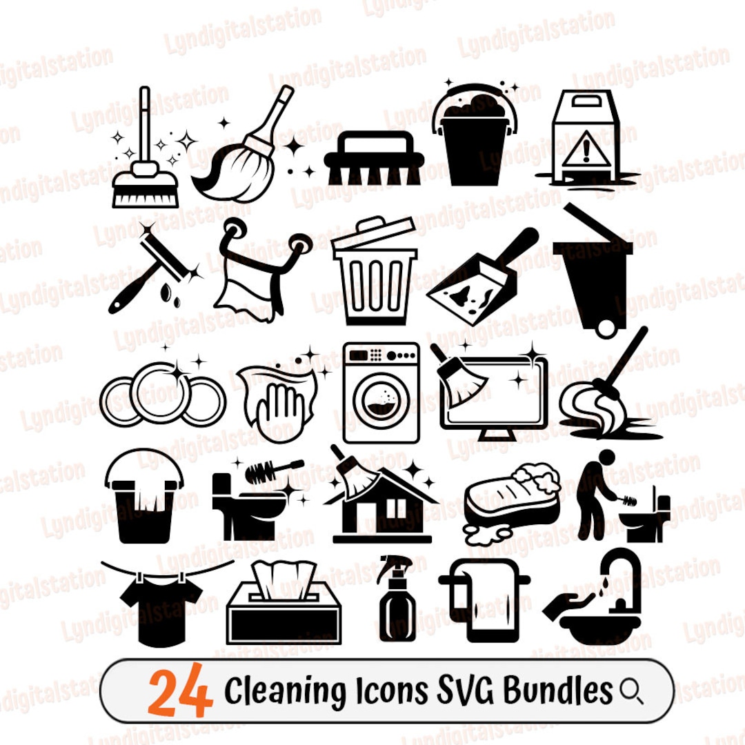 24 Cleaning Icons Svg | Janitorial Tools Clipart | Supplies Cut File ...