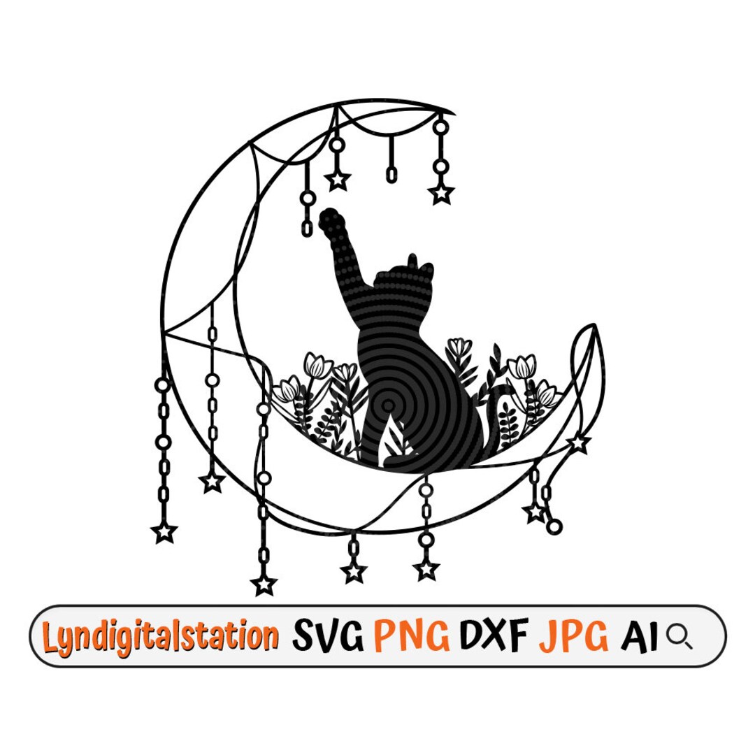 Moon Cat Floral Svg | Cat in the Moon Clipart | Moon Cat With Flowers ...