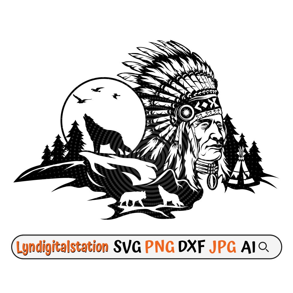 Native American Svg | Teepee Clipart | Howling Wolf Scene Cut File ...