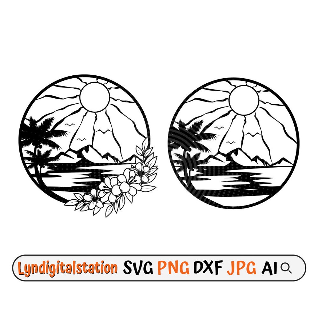 Beach Scene Svg | Beach Scene With Flower Clipart | Beach Mountain Cut ...