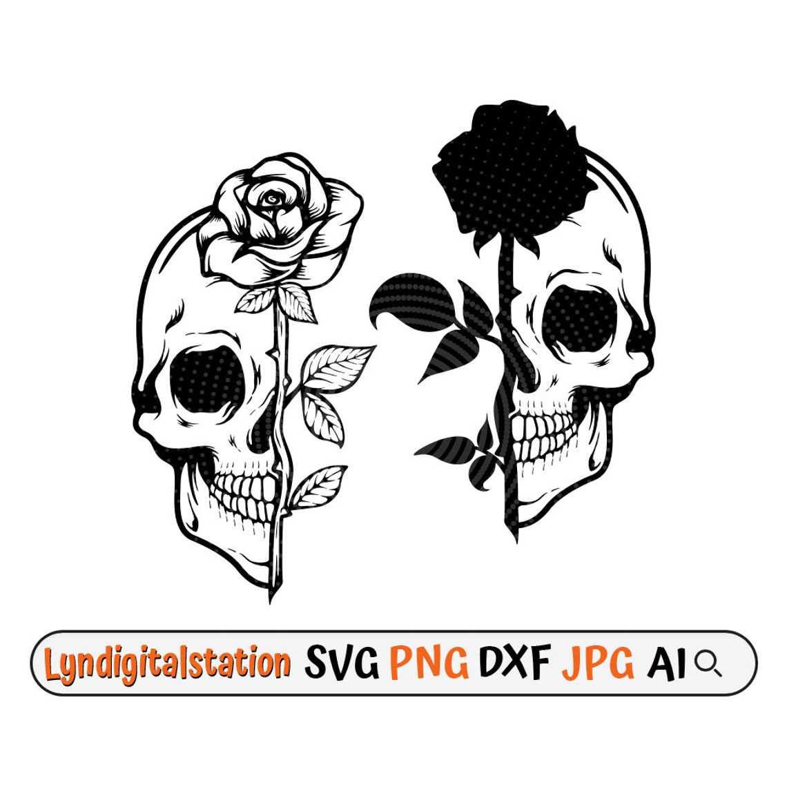 Rose Skull Svg | Half Face Rose Skull Clipart | Rose Skeleton Face Cut ...