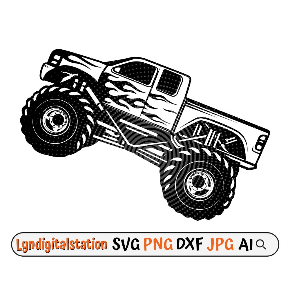 Monster Truck Svg Four-wheel Steering Clipart off Road Vehicle Cut File Oversized Tires Stencil ...