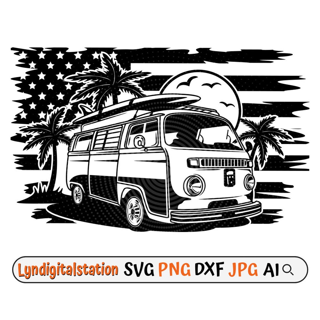 US Surfing Van Svg | Beach Van Clipart | Retro Van Cut File | Vintage ...