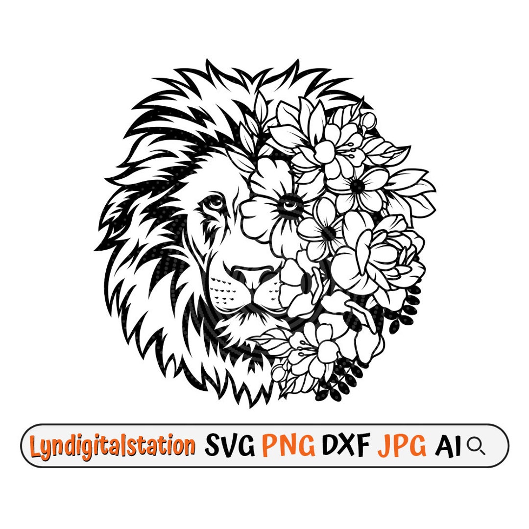Lion With Flower Svg | Floral Lion Clipart | Lion Face Cut File ...