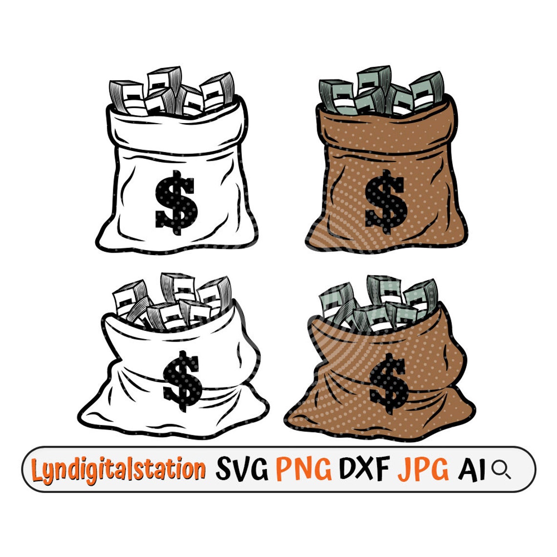 Money Bag Svg Bundle, Gangster Clipart, Pennies Stencil, Cent Cut File ...