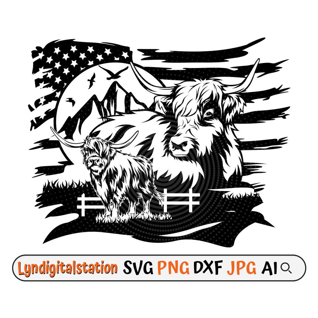 US Highland Cow Scene Svg | Farm Animal Clipart | Dairy Cattle Cut File ...