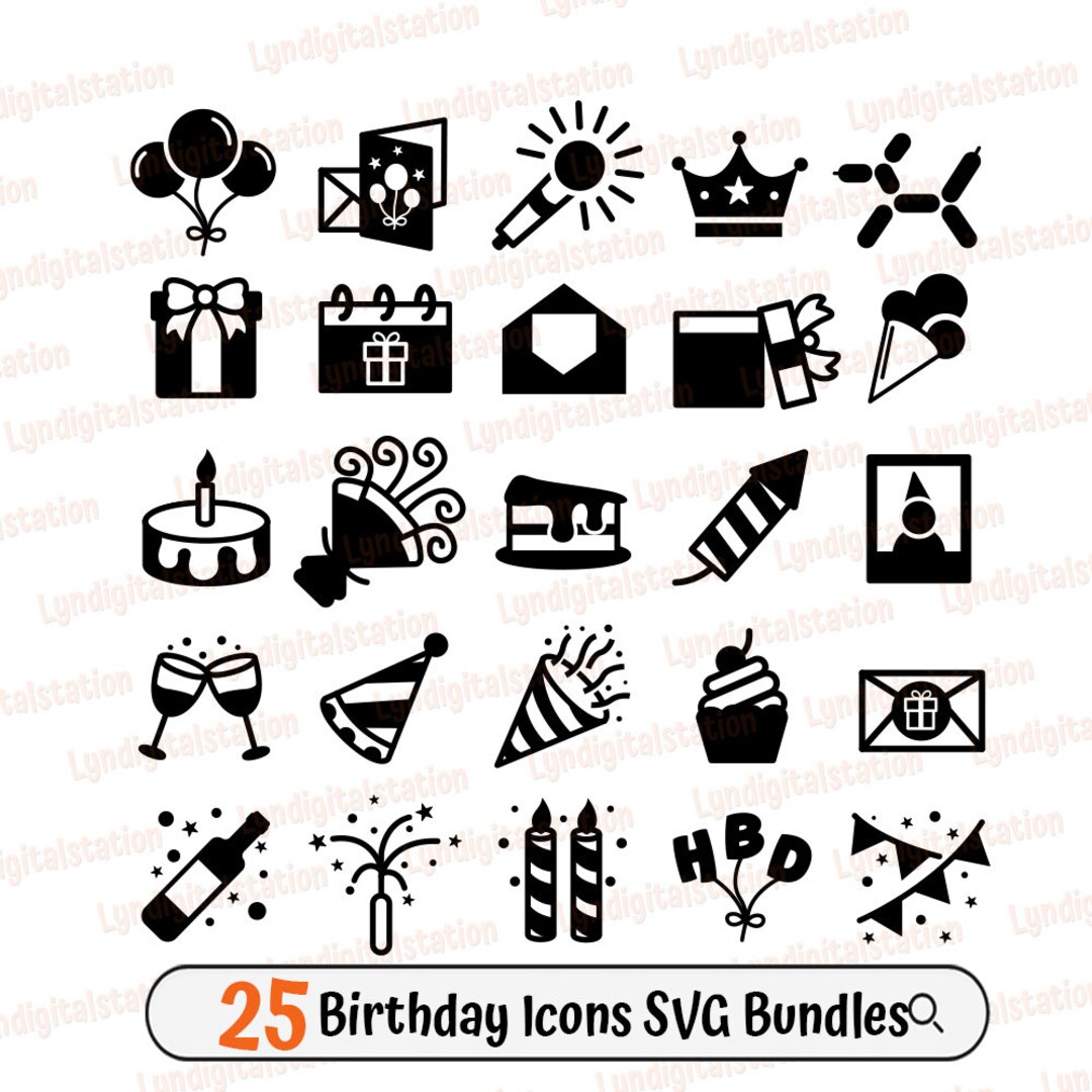 25 Birthday Icons Bundles Svg | Party Svg | HBD Clipart | Cake Cut File ...