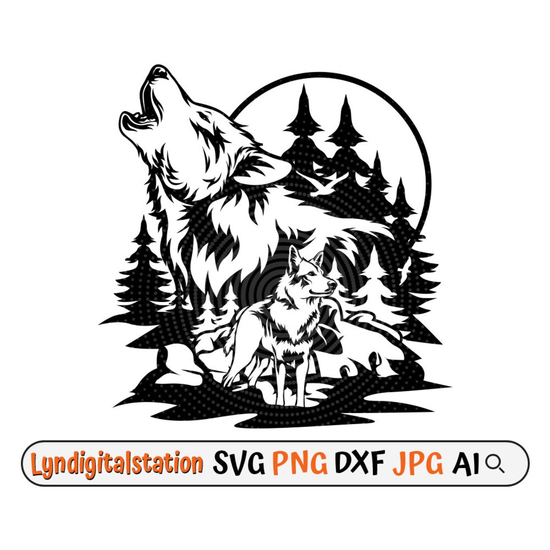 Wolf Scene Svg | Howling Wolf Clipart | Nature Scene Cut File | Forest ...