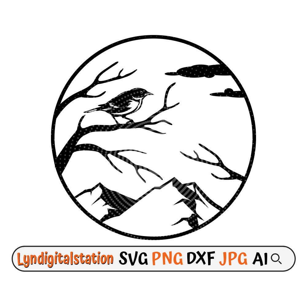 Nature Scene Svg Bird Clipart Bird on a Tree Branch Cut File Mountain ...