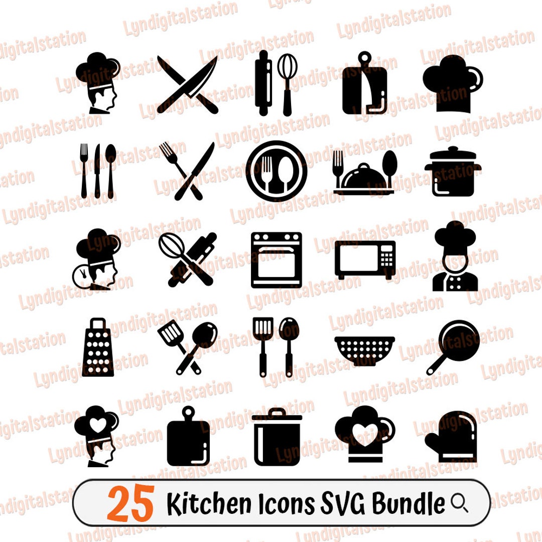 25 Kitchen Icons Bundles Svg | Restaurant Clipart | Cooking Utensils ...