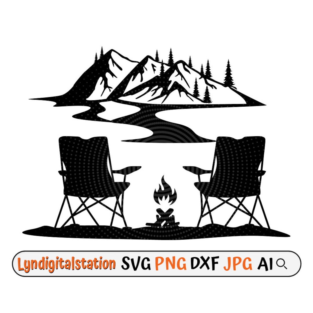 Camp Fire View Svg | Camping Scene Clipart | River Mountain Camping Cut ...