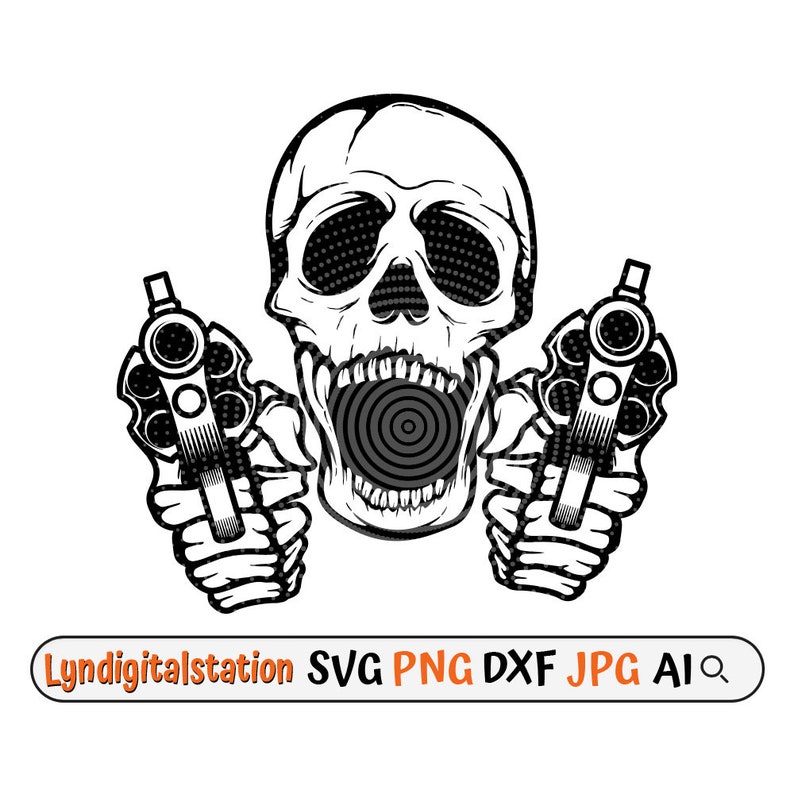 Angry Skull With Gun Svg | Skeleton Face Clipart | 2 Pistol Cut File ...