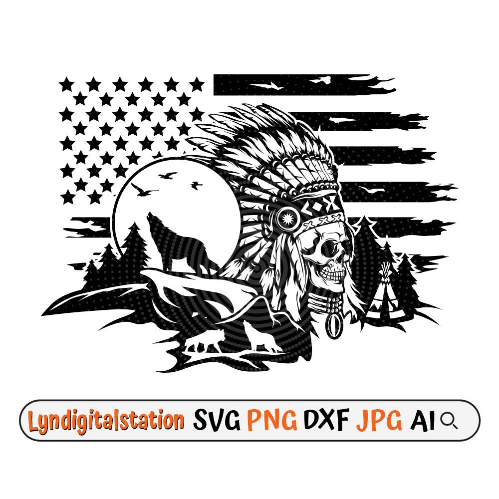 US Native American Skull Svg | Teepee Clipart | Howling Wolf Scene Cut ...