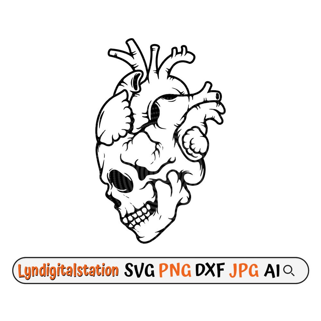 Skull Heart Svg | Skeleton Head Clipart | Human Skull With Heart Head ...
