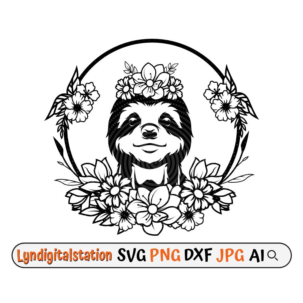 Sloth Floral Svg Cute Baby Sloth Clipart Flowering Sloth Cut File Sloth ...