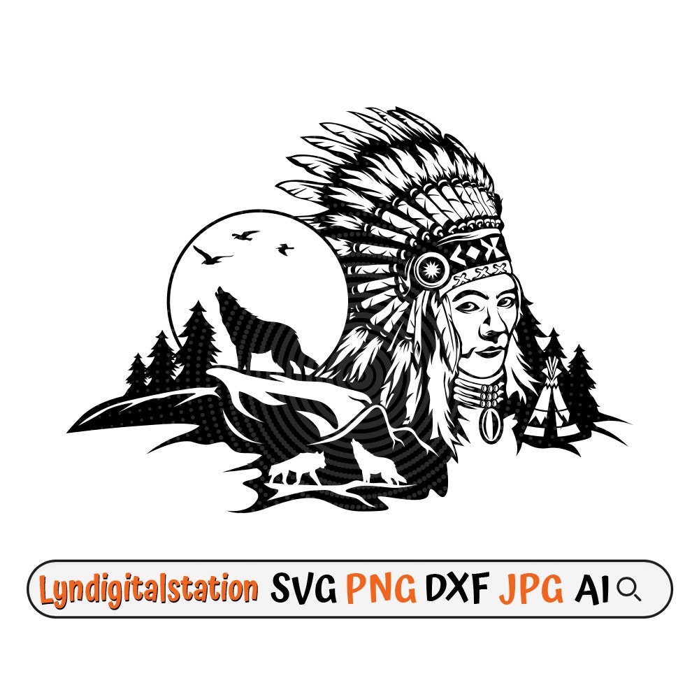 Native American Man Svg Teepee Clipart Howling Wolf Scene Cut File ...