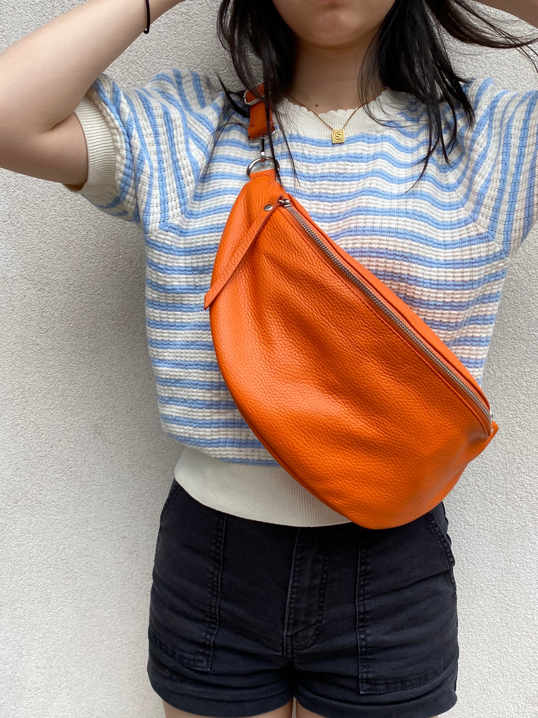 Orange Large Bum Bag Leather With Silver Closure, Shoulder Bag TOP ...