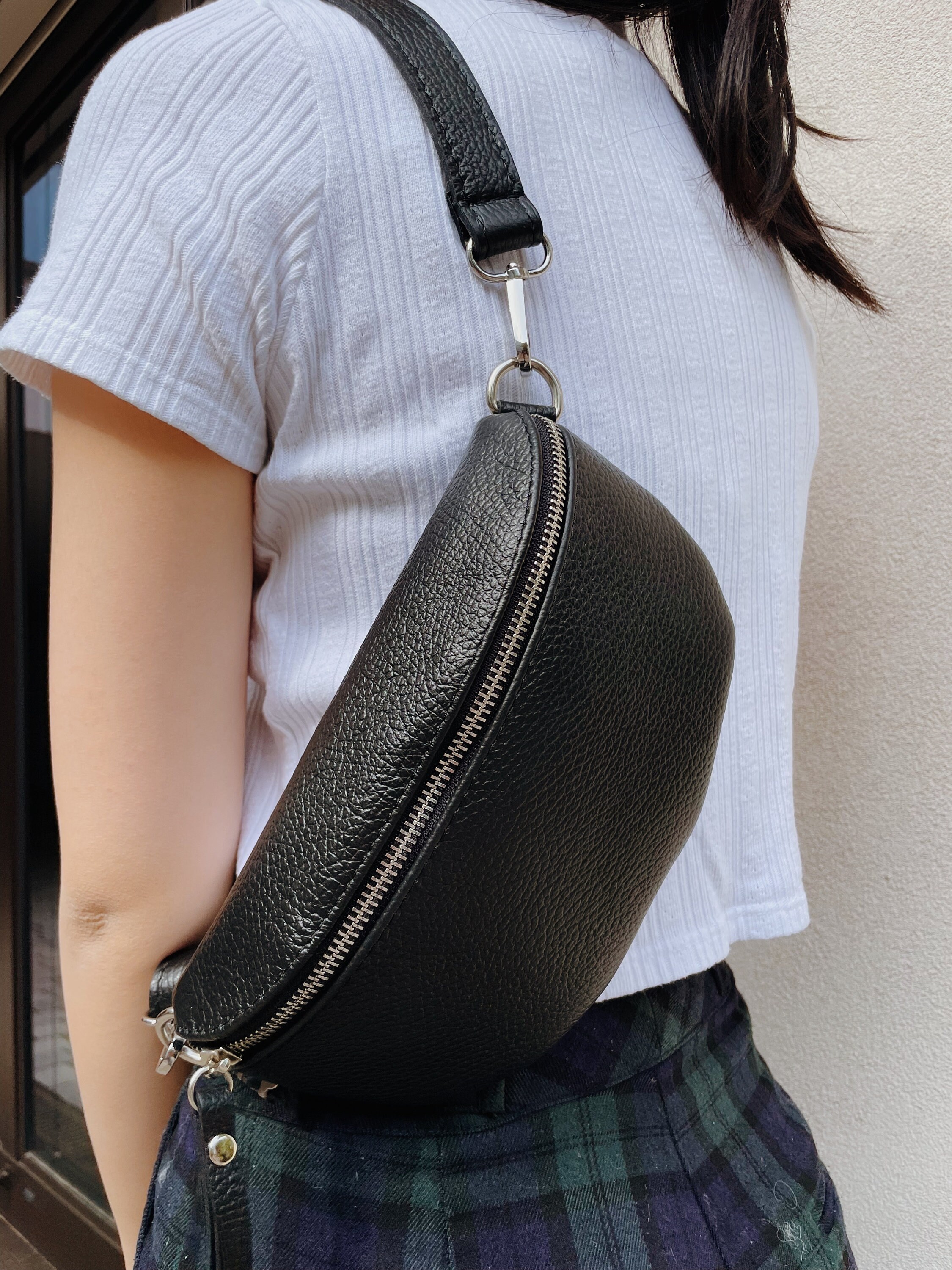 Black Leather Belly Bag With Wide Strap Crossbody Bag Belt - Etsy
